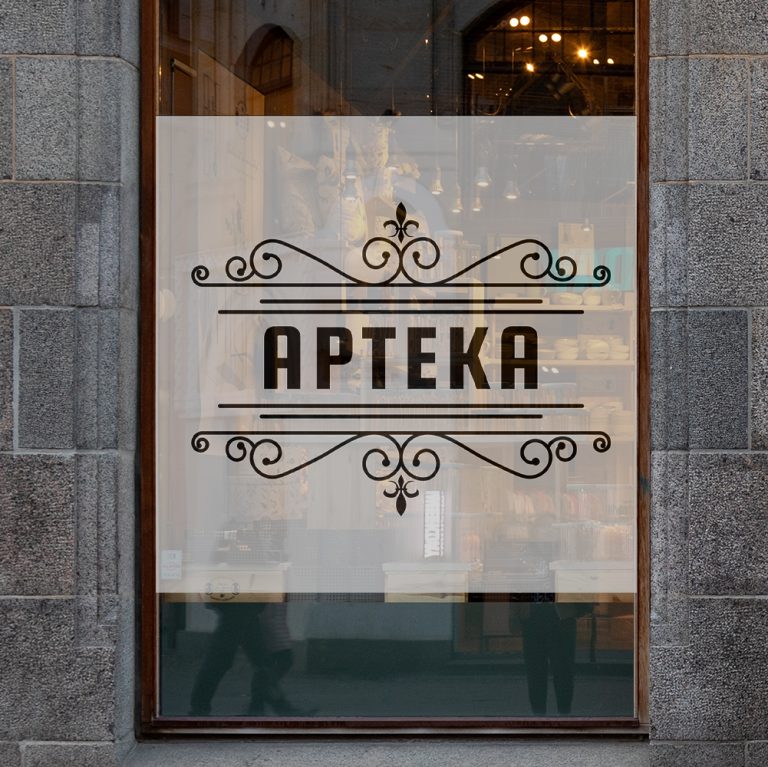 Okleina na szybę przedstawiająca oryginalne logo apteki